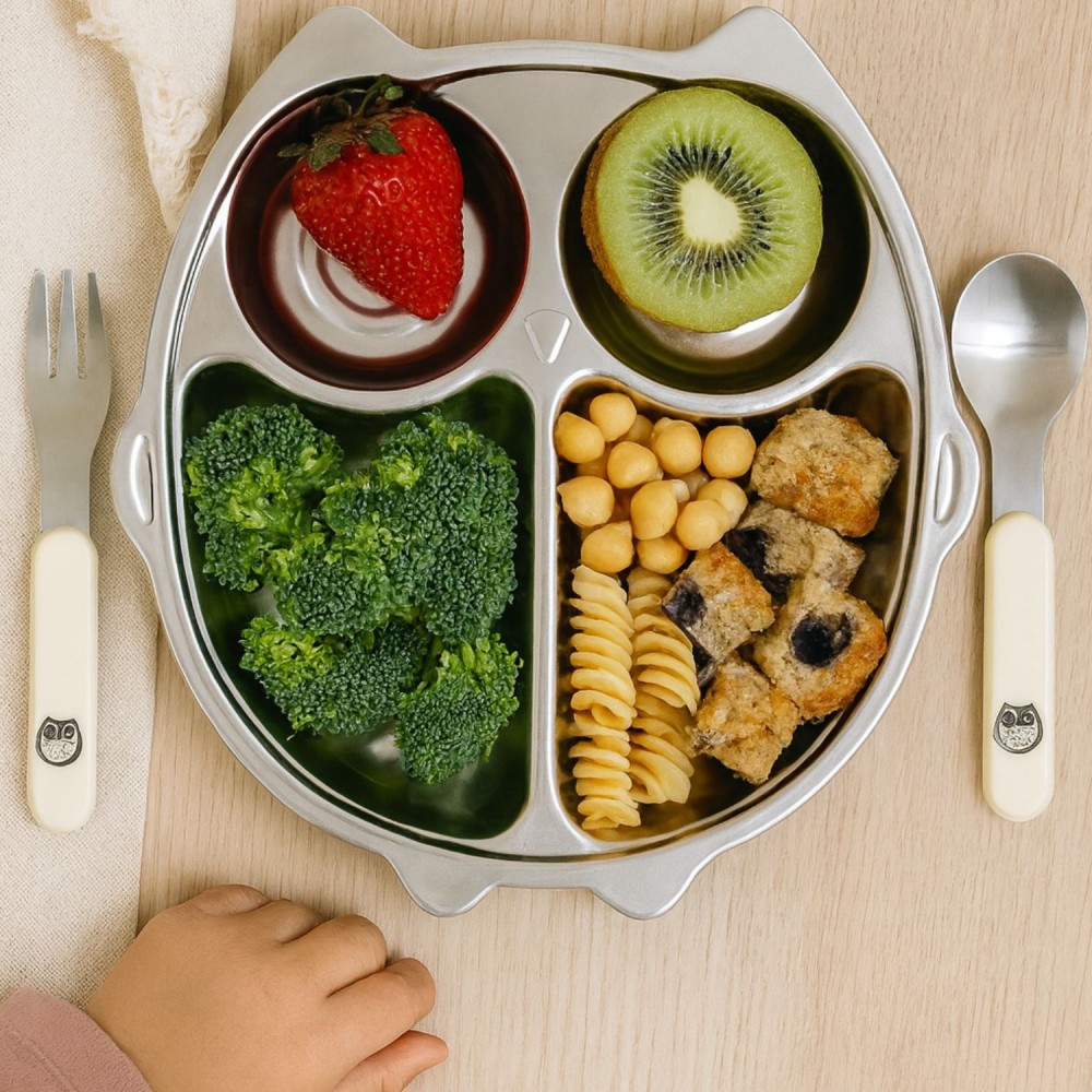 Plato con compartimentos infantil, acero inoxidable, búho, Joli Monde